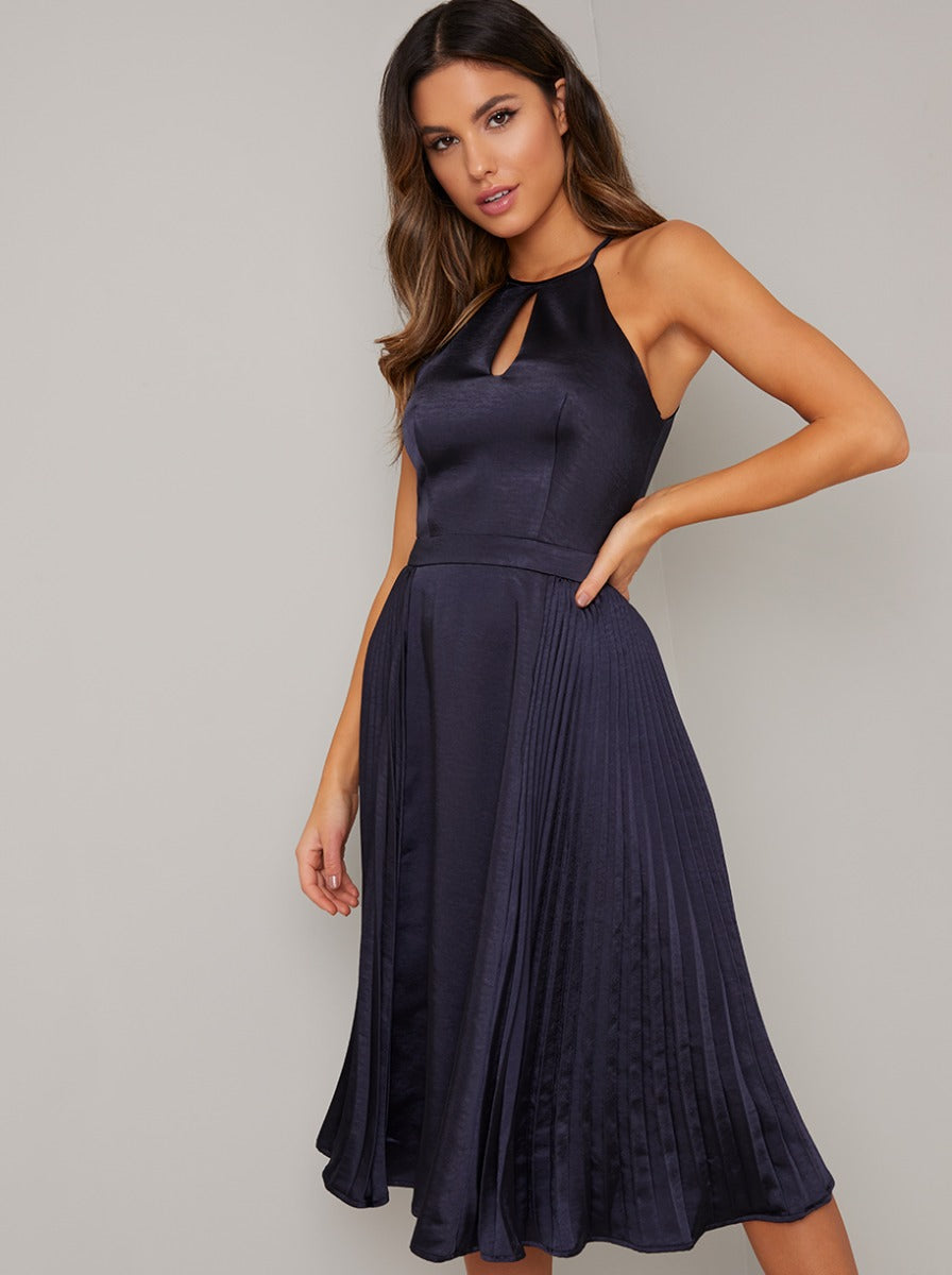 Halter Neck Cut Out Pleated Midi Dress In Blue Chi Chi London