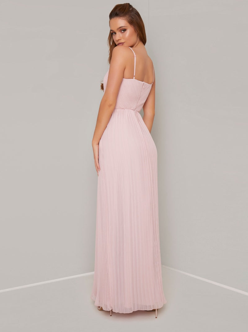 Wrap Bodice Pleat Maxi Dress In Pink Chi Chi London