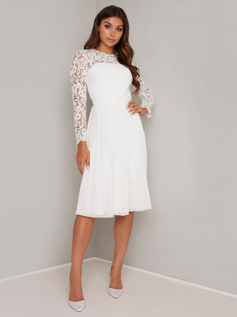 Lace Long Sleeved Midi Dress In White Chi Chi London