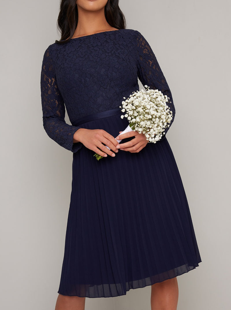 Petite Long Sleeved Lace Bodice Pleat Midi Dress In Blue Chi Chi London