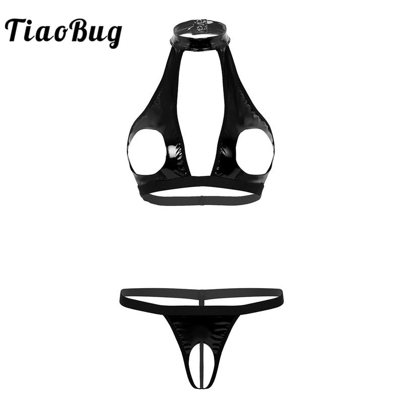 Tiaobug Women Sexy Lingerie Set Black Faux Leather Open Cup Bra Tops W