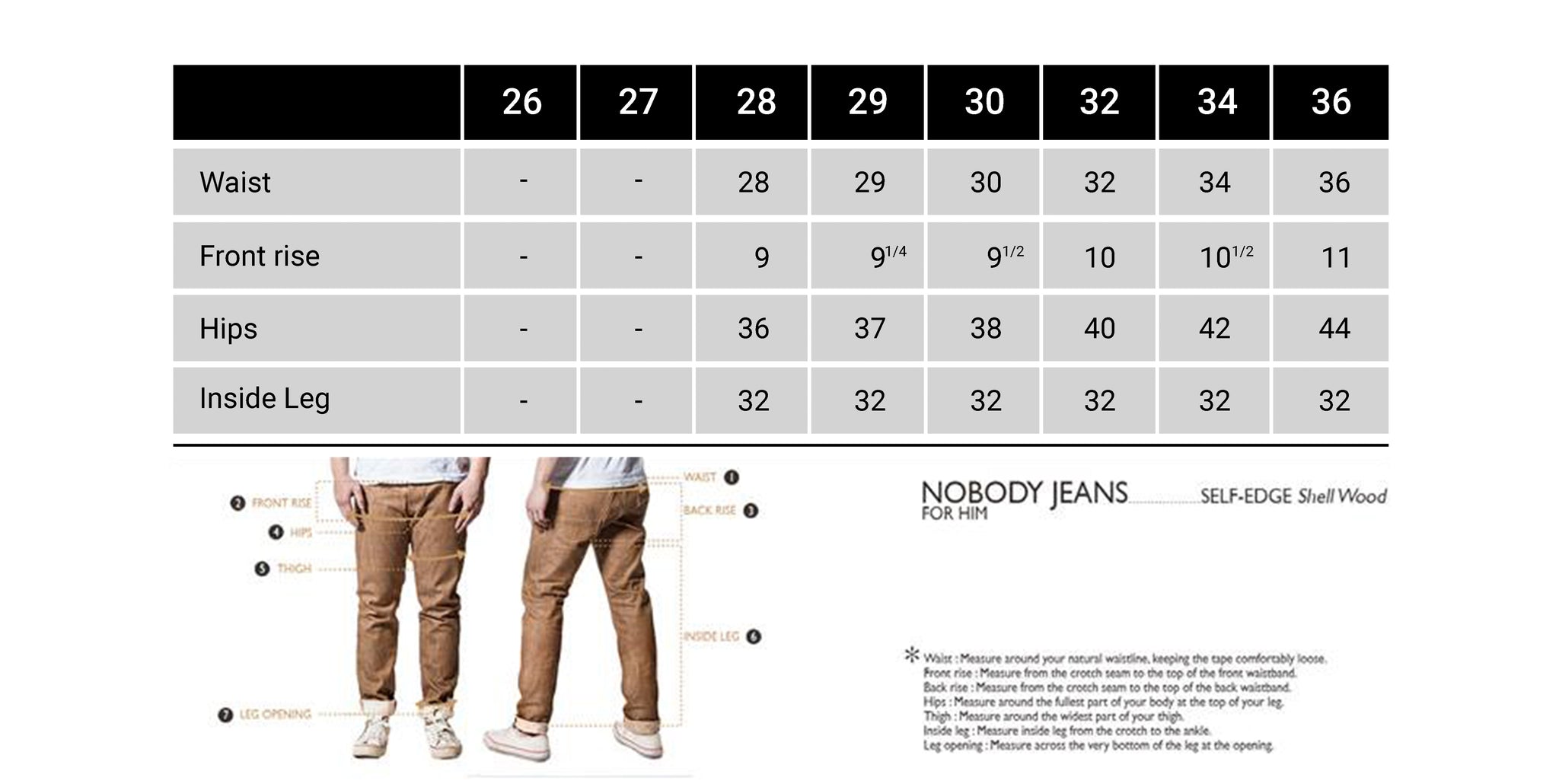 Denim Jeans Size Chart