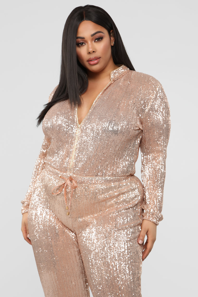 Is This Star Taken Sequin Jumpsuit Rose Gold