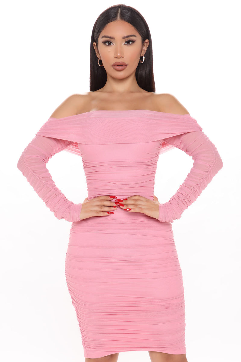 Ready In A Ruched Off Shoulder Midi Dress Pink Fashion Nova