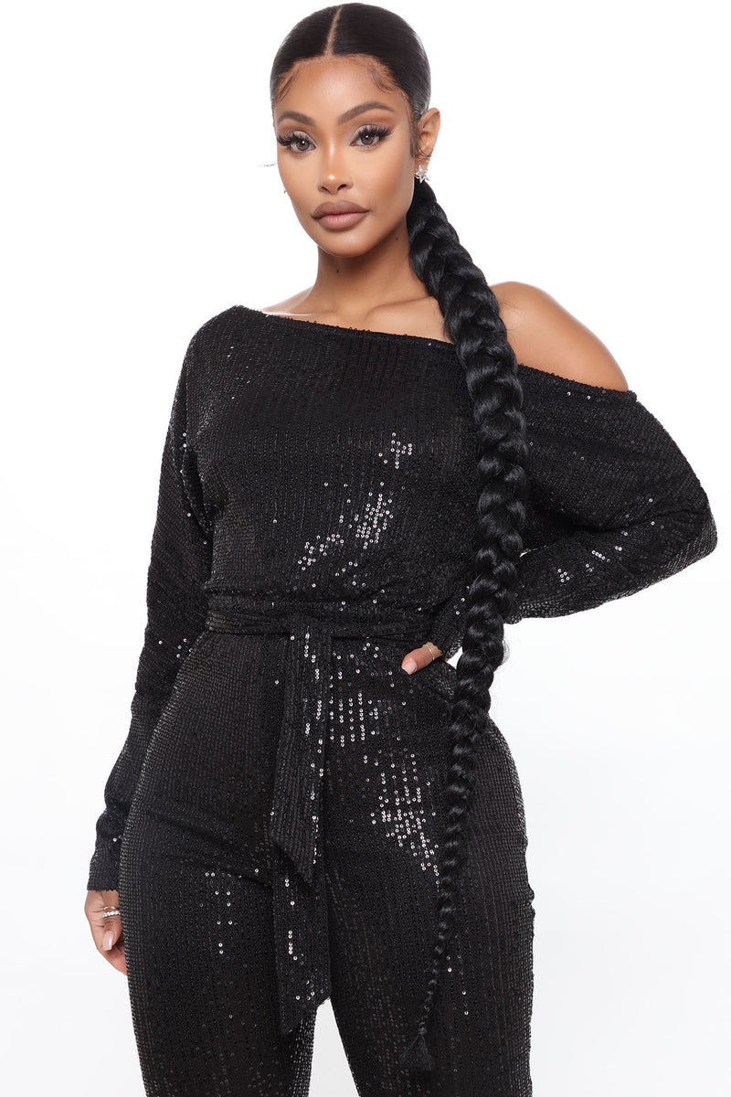 All Eyes On Me Sequin Jumpsuit Black Fashion Nova Jumpsuits