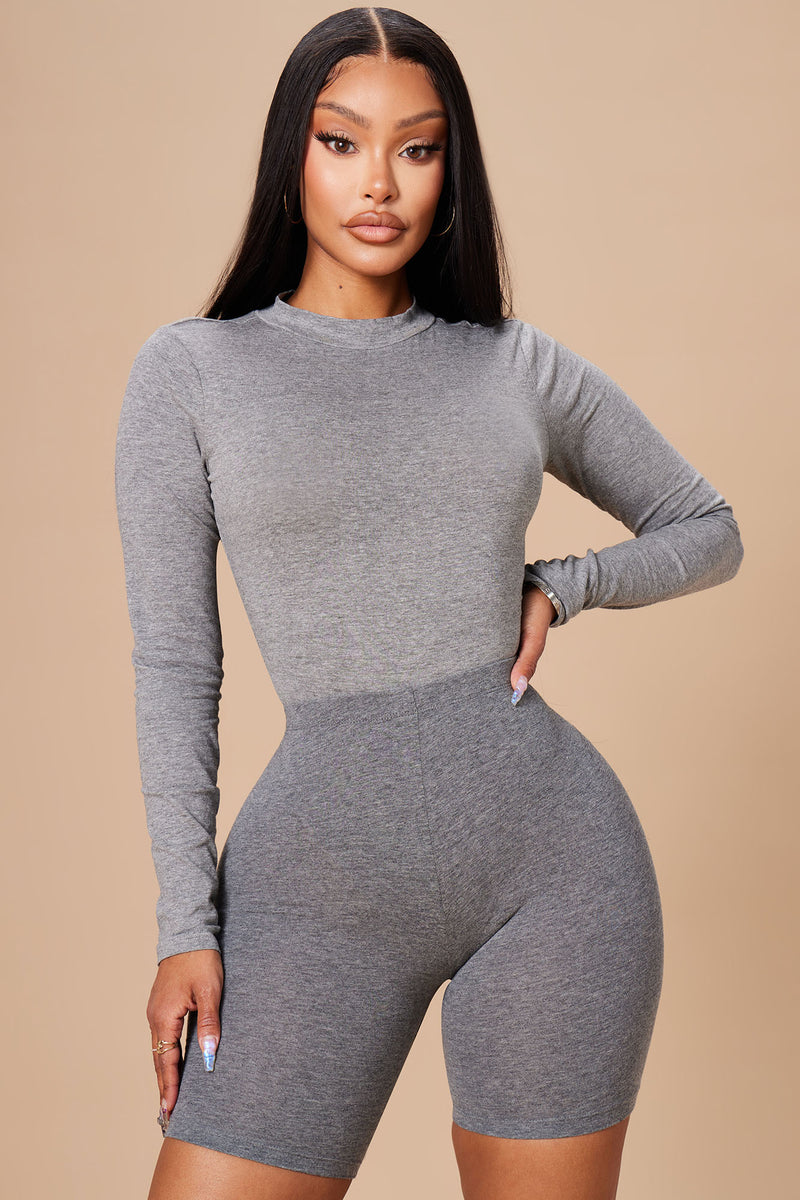 Melanie Mock Neck Bodysuit Charcoal Fashion Nova Basic Tops