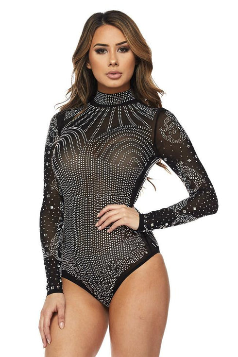 Rhinestone Long Sleeve Embellished Bodysuit Black