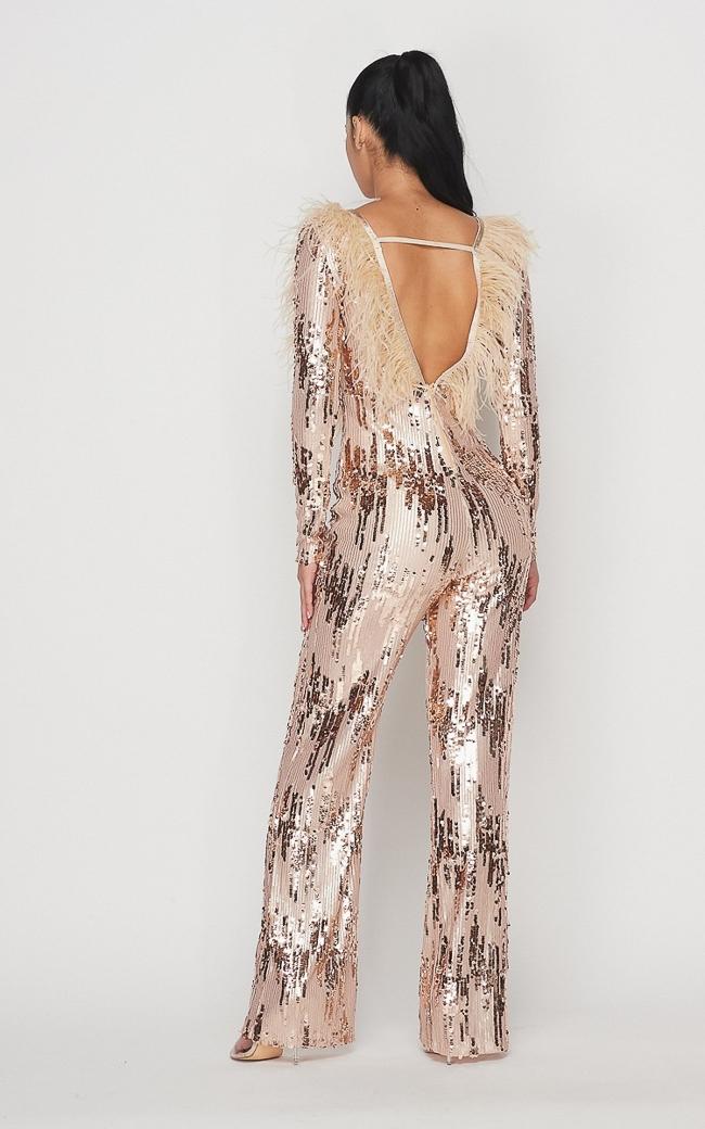 Feathered Deep V Sequin Jumpsuit Rose Gold