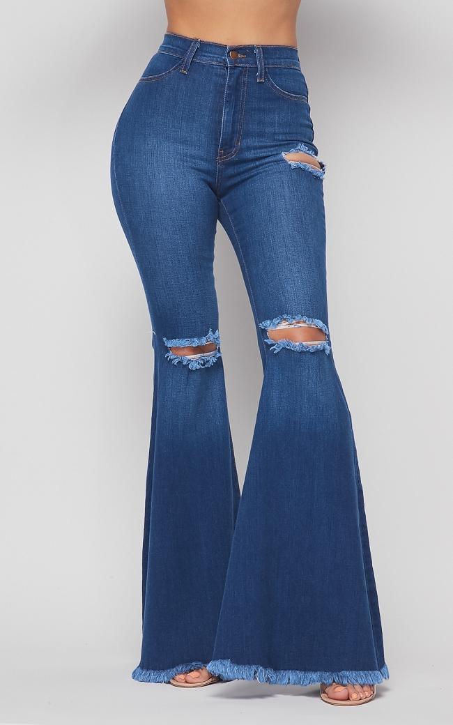 Vibrant Distressed Super Flare Jeans Medium Denim