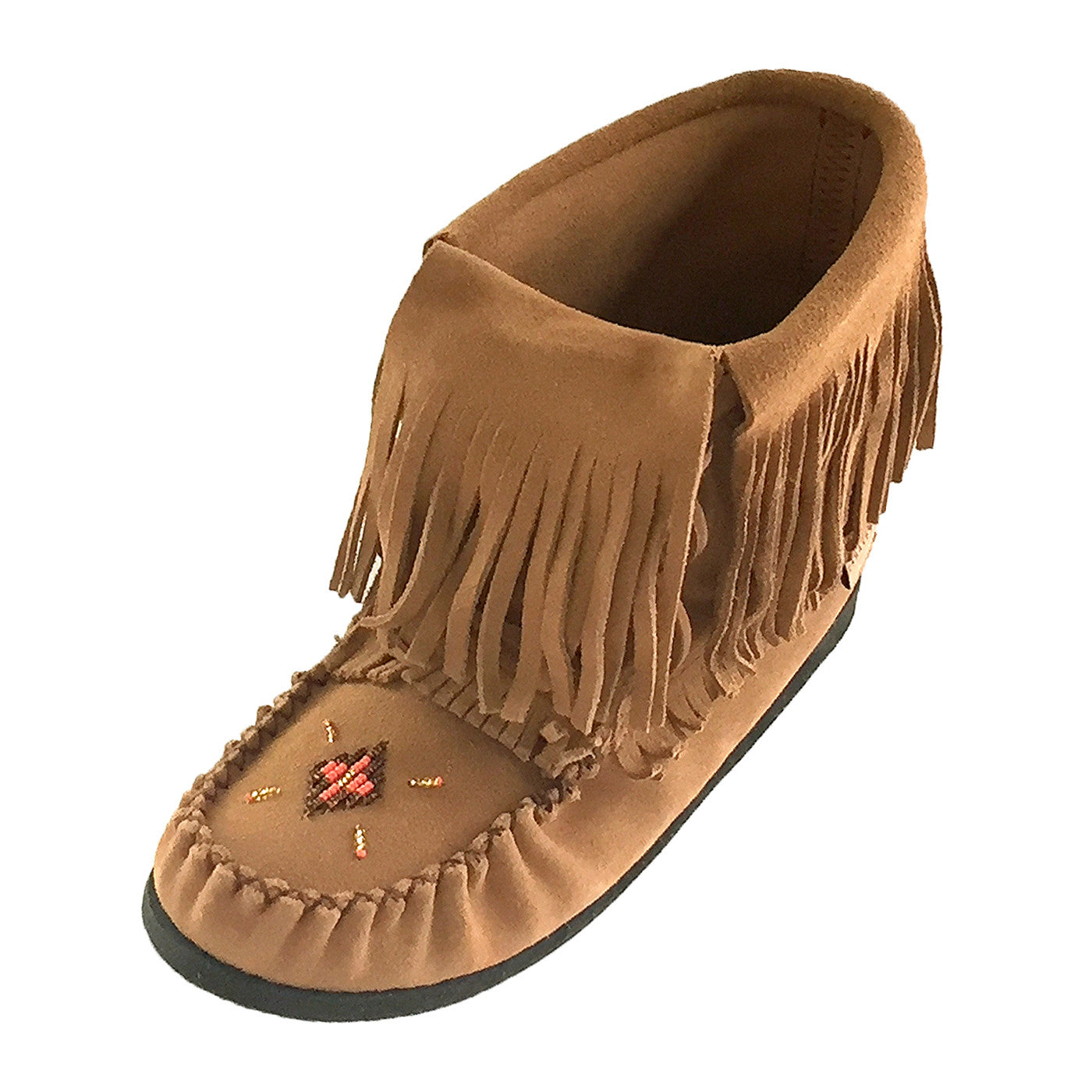 Womens Genuine Moka Suede Moccasin Boots With Long Fold Over Fringes