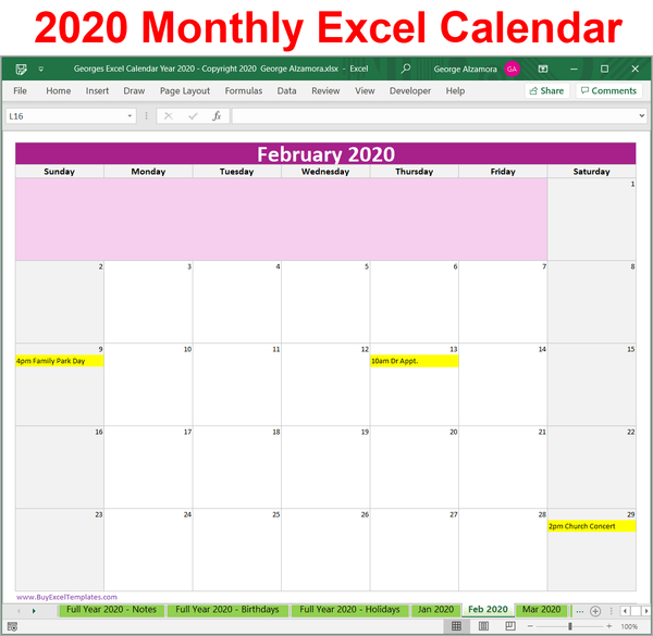 2020 Calendar Year In Excel Spreadsheet Printable Digital Download