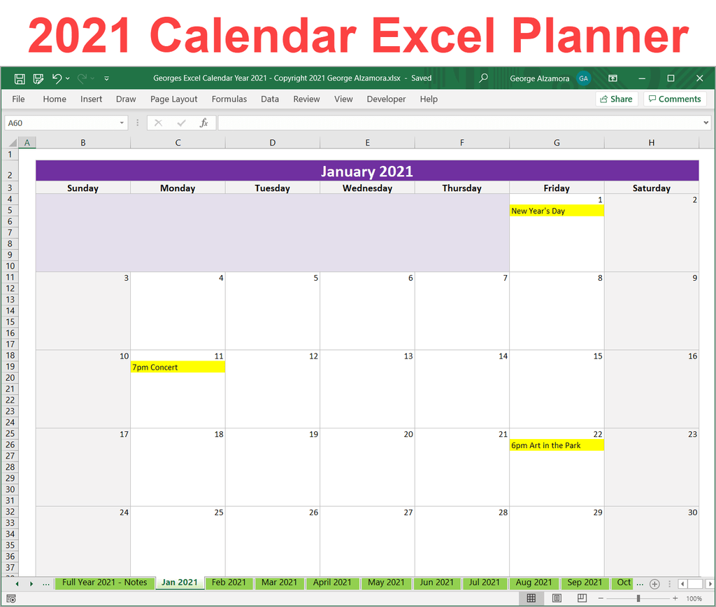 2021 Excel Calendar Planner Template Monthly Yearly Printable Download