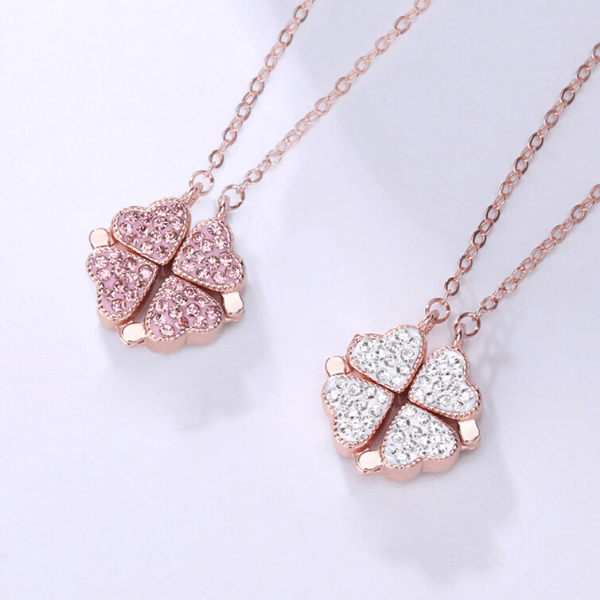 Reversible Magnetic Cz Sterling Silver Heart 4 Leaf Clover Necklace