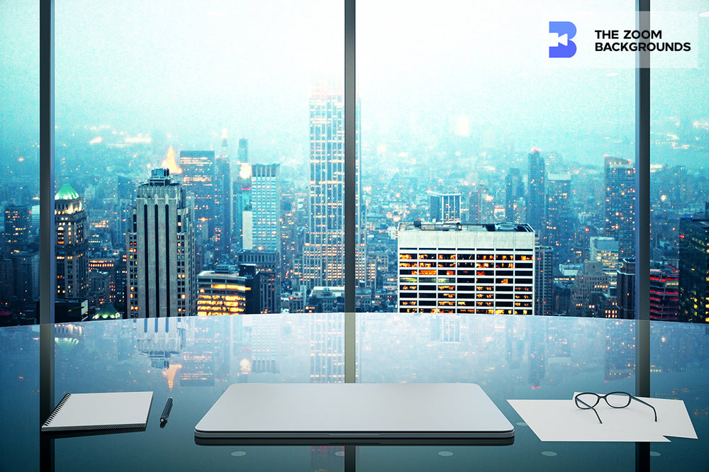 Modern Office With Megapolis City Night View Zoom Bac