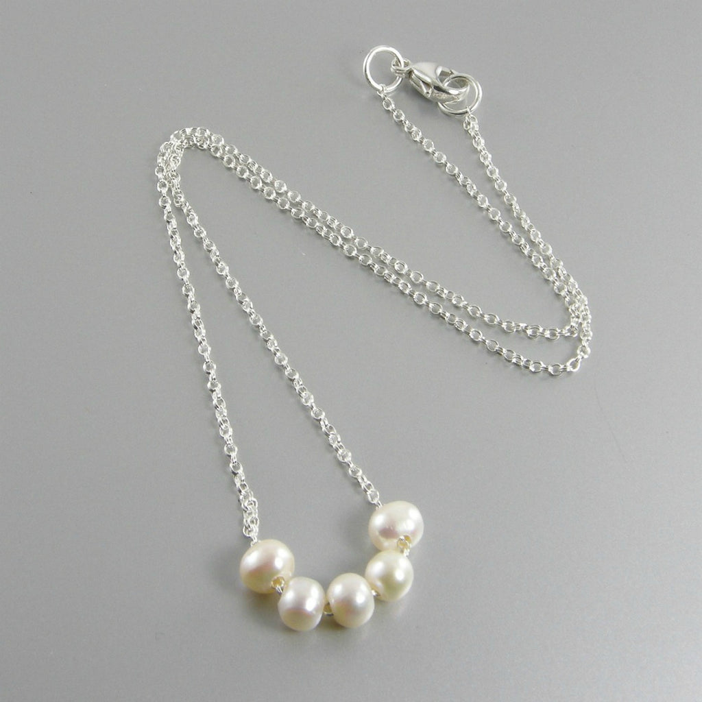 Five Pearl Sterling Silver Necklace Floating Pearl Necklace