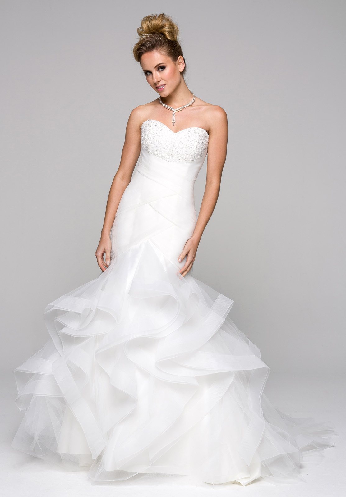 Ivory Ruffled Mermaid Wedding Gown Strapless With Court Train