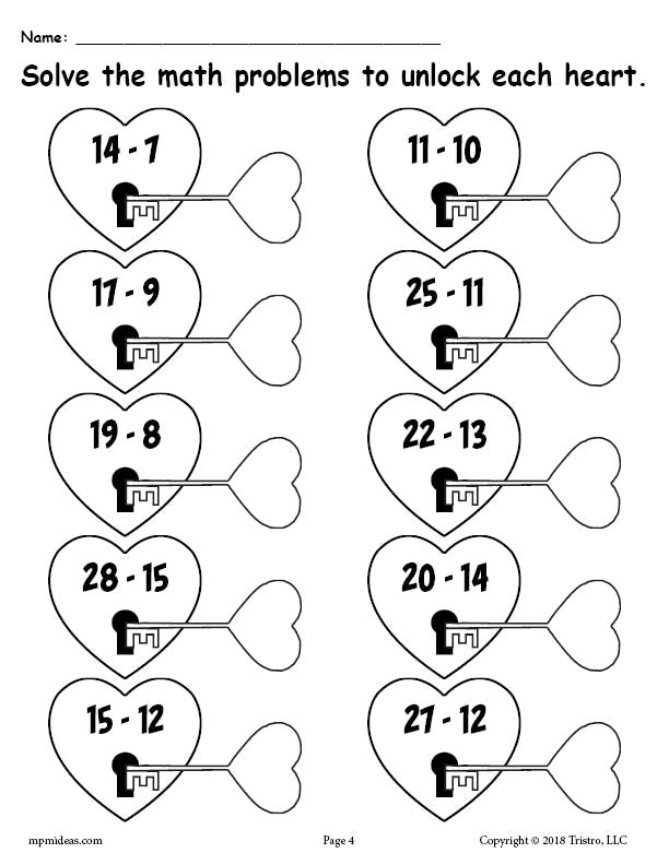 Free 3 Printable Valentines Day Subtraction Worksheets Supplyme