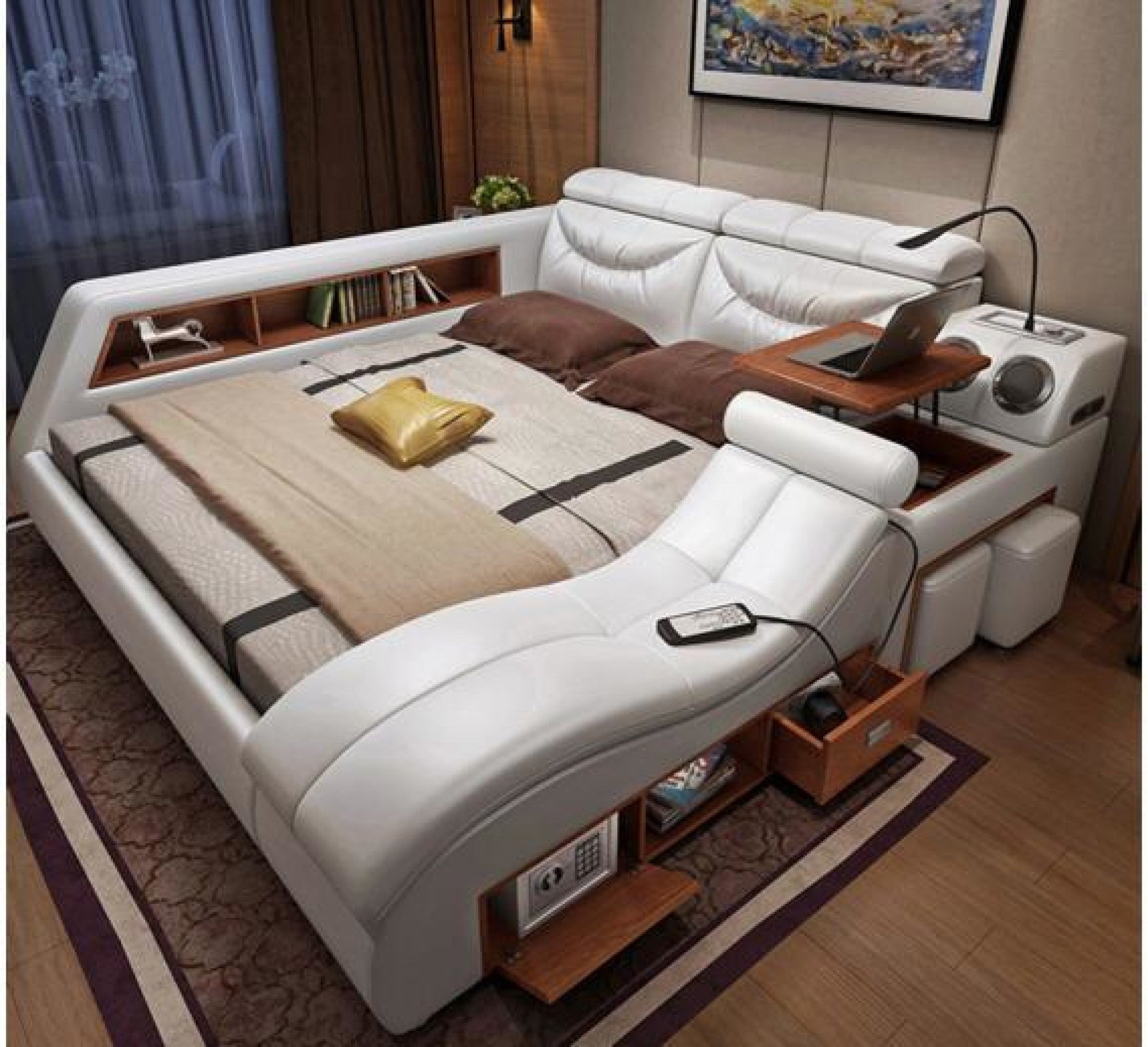 Soft Leather Bed Frame With Massager And Storage My Aashis