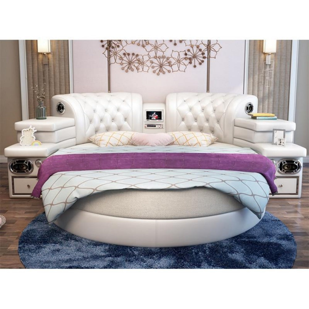 Multifunctional Modern Leather Round Bed With Speaker My Aashis