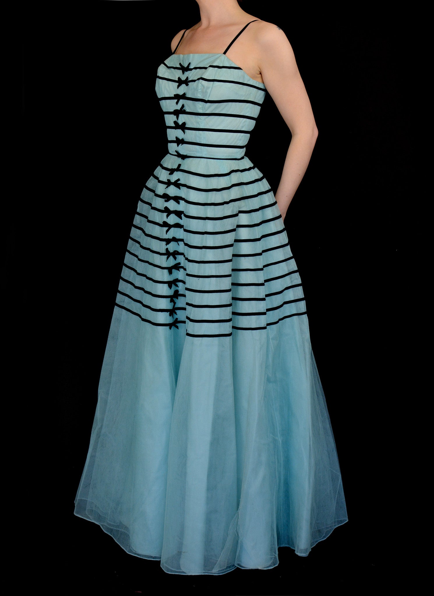 Vintage 1950s Blue Tulle Stripe Prom Dress Alexandraking