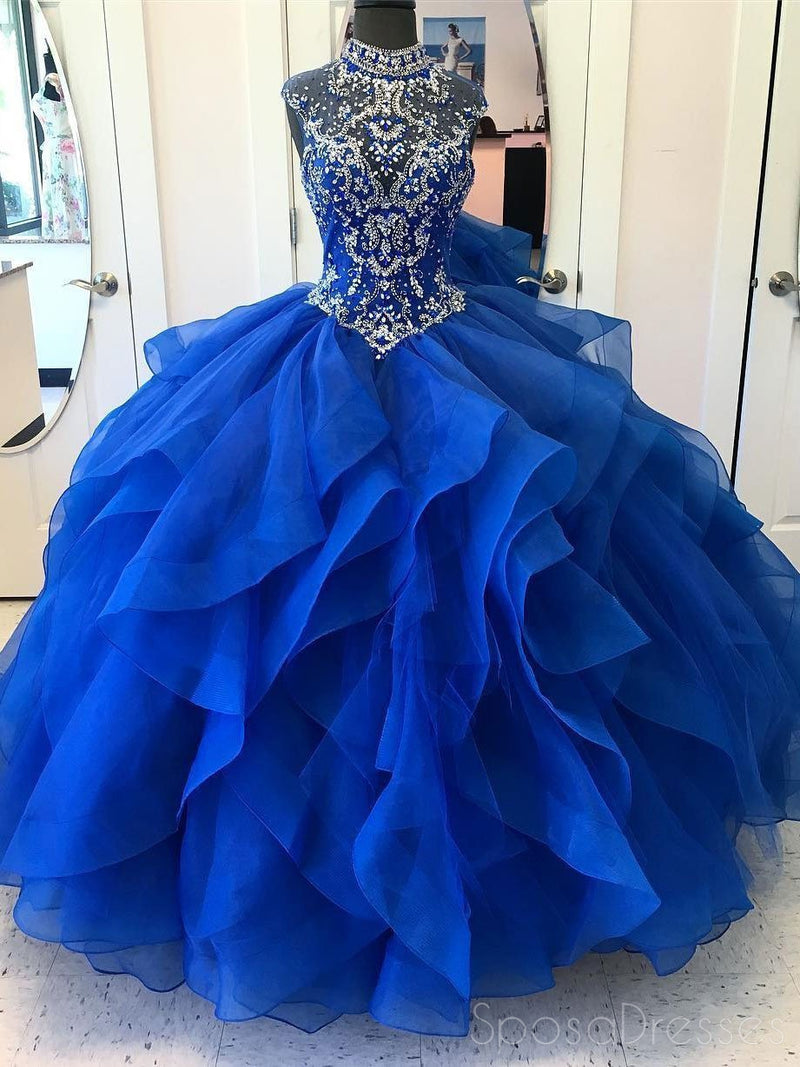 Royal Blue Ball Gown High Neck Rhinestone Beaded Long Evening Prom