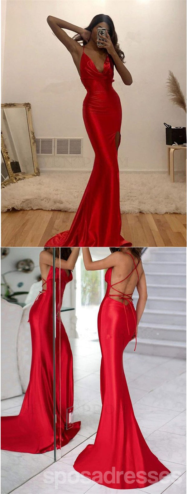 Red Mermaid Spaghetti Straps V Neck Backless Long Prom Dresses Online