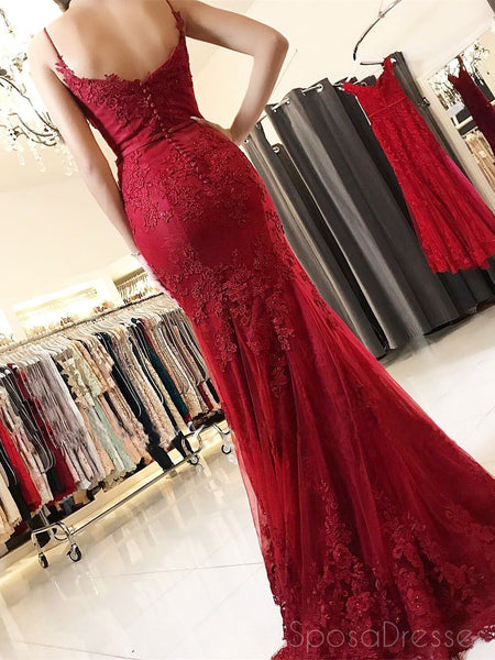 Spaghetti Straps Red Lace Mermaid Long Evening Prom Dresses 17505