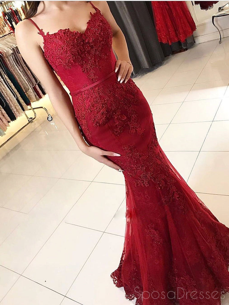 Spaghetti Straps Red Lace Mermaid Long Evening Prom Dresses 17505