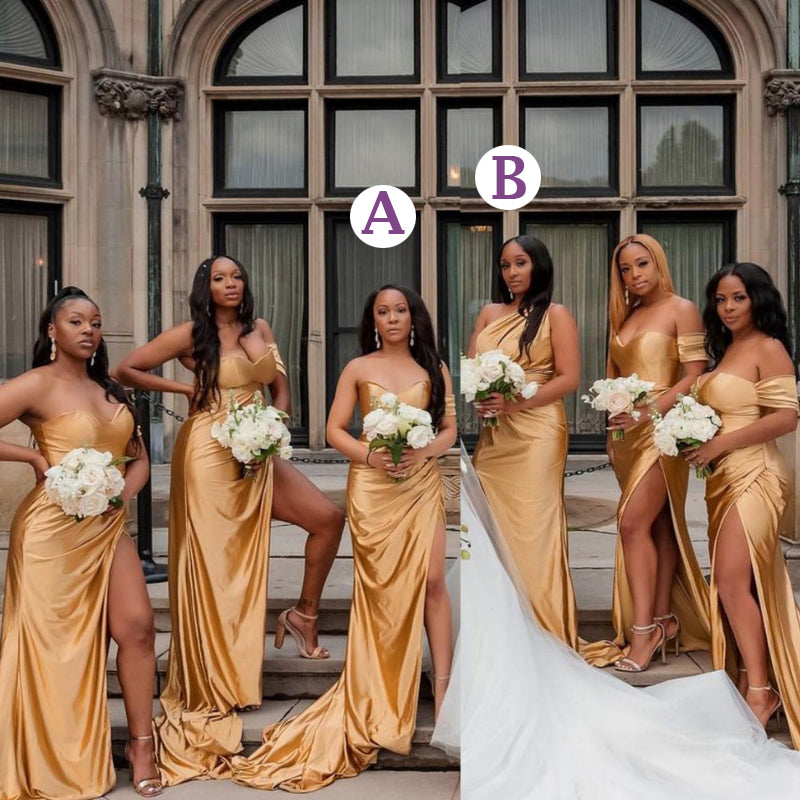 Champagne Gold Mismatchy Sexy Side Slit Long Mermaid Bridesmaid Dress