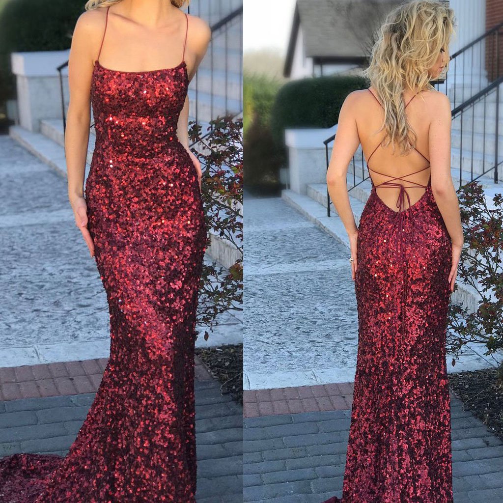 Red Sequin Mermaid Sparkly Sexy Cheap Custom Prom Dresses Evening Dre