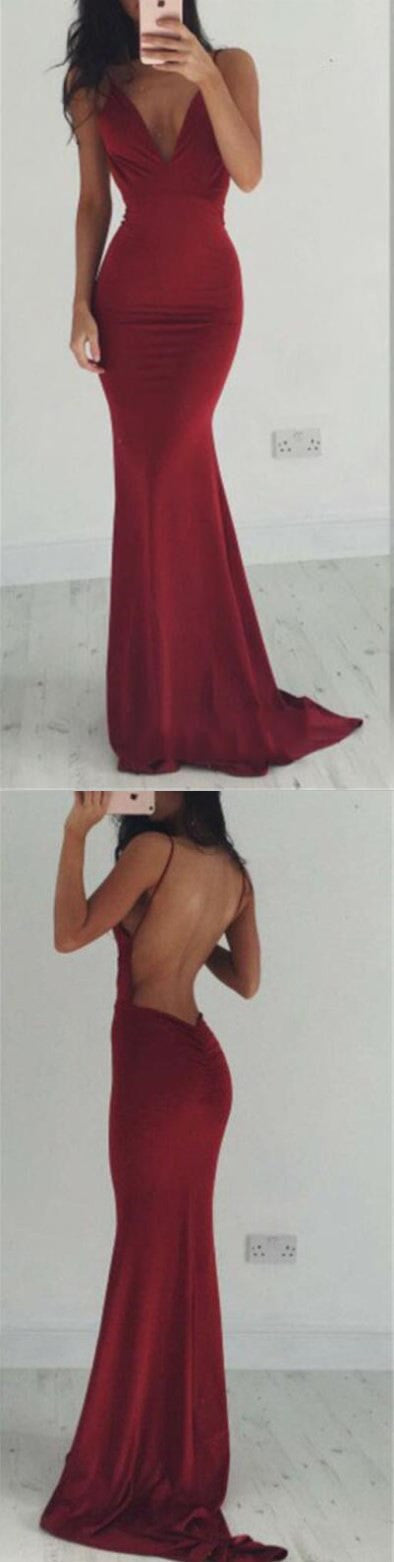 Burgundy Backless V Neck Sexy Mermaid Spaghetti Straps Cocktail Afford