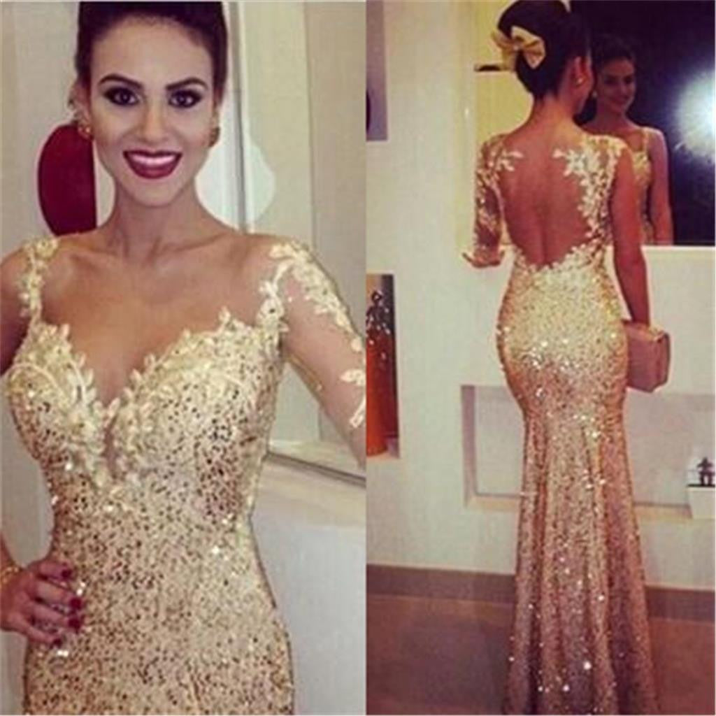 Long Gold Sexy Mermaid Elegant Cocktail Evening Party Prom Dresses Onl