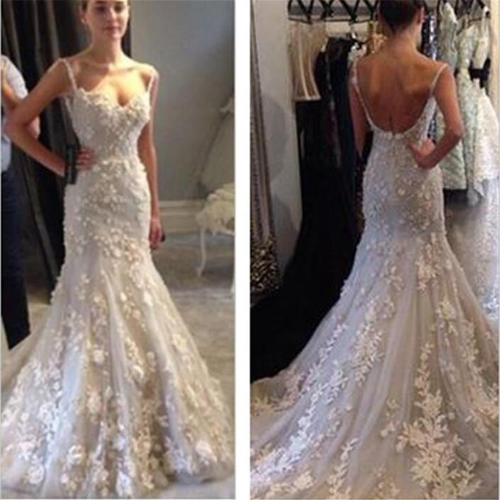 Mermaid Sexy Backless Gorgeous Appliques Spaghetti Strap Wedding Dress