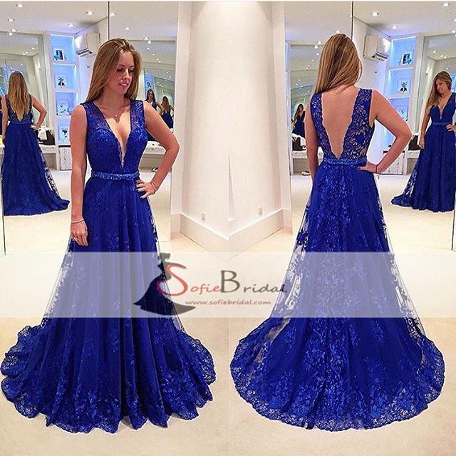 Royal Blue Lace Prom Dresses Deep V Neck A Line Prom Dresses Beaded