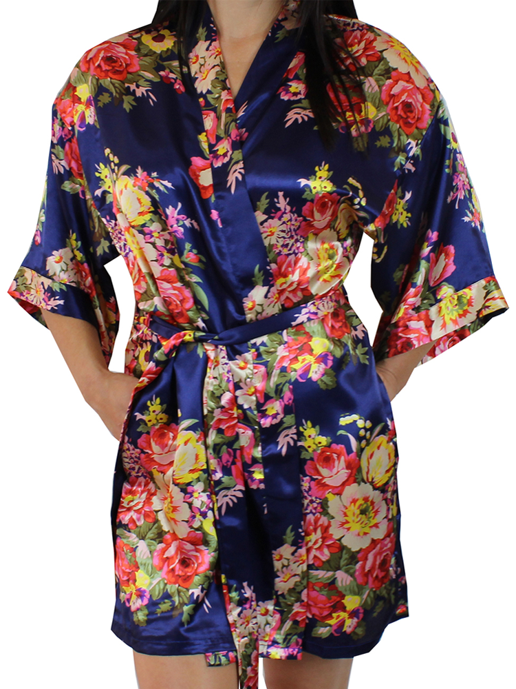 Womens Floral Satin Kimono Short Robe Mslovely