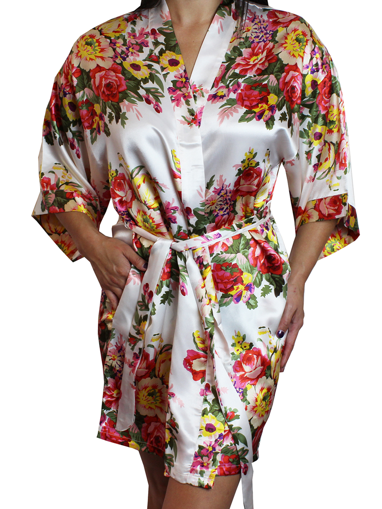 Womens Floral Satin Kimono Short Robe Mslovely