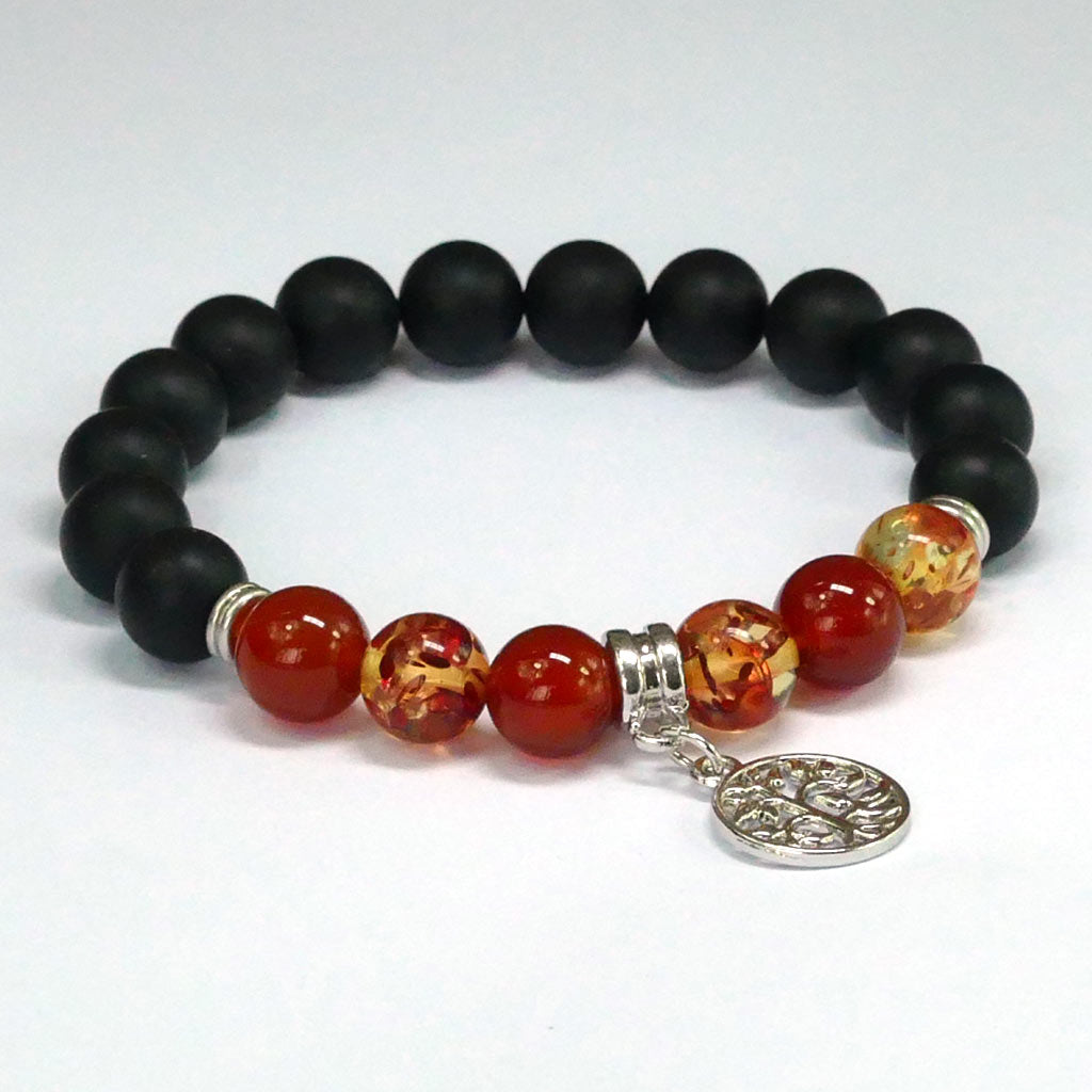 Red Agate And Amber Bracelet With Tree Of Life Charm 10mm Earth