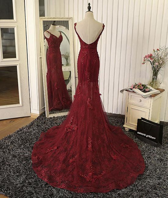 Sexy Backless Red Lace Mermaid Long Evening Prom Dresses 17660