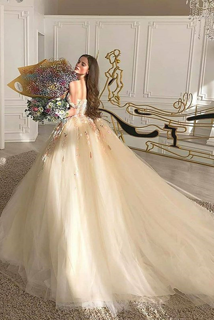 Gorgeous Off Shoulder Champagne Lace Floral Prom Dress Long 3d Flower