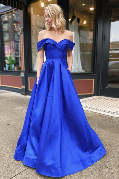 Off Shoulder Royal Blue Satin Long Prom Dress With Leg Slit Off Shoul