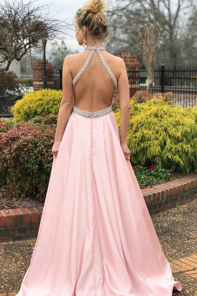 Pink Halter Neck Backless Beading Satin Long Prom Dresses Backless Pi