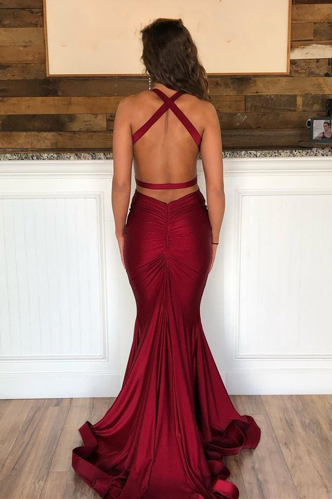 Sexy V Neck Mermaid Backless Burgundy Satin Long Prom Dresses Burgund