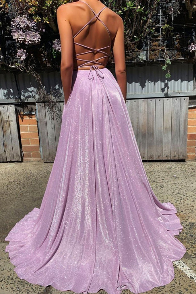 Shiny V Neck Backless Purple Long Prom Dress Open Back Purple Formal