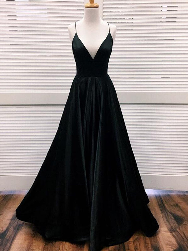 Simple A Line V Neck Black Satin Long Prom Dresses Black Formal Dress