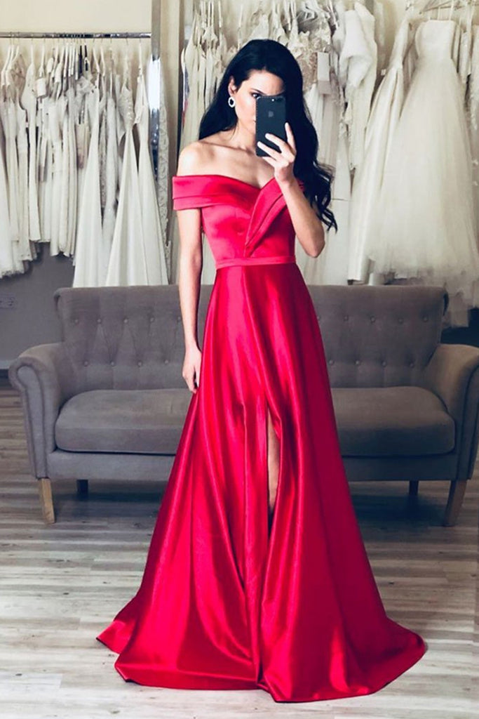 Simple Off Shoulder Red Satin Long Prom Dresses With Leg Slit Off The