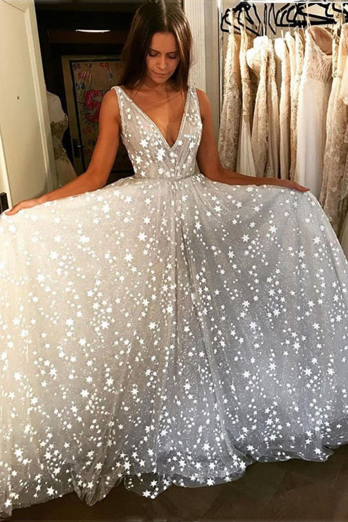 Sparkly V Neck Star Lace White Long Prom Dresses Lace White Wedding D