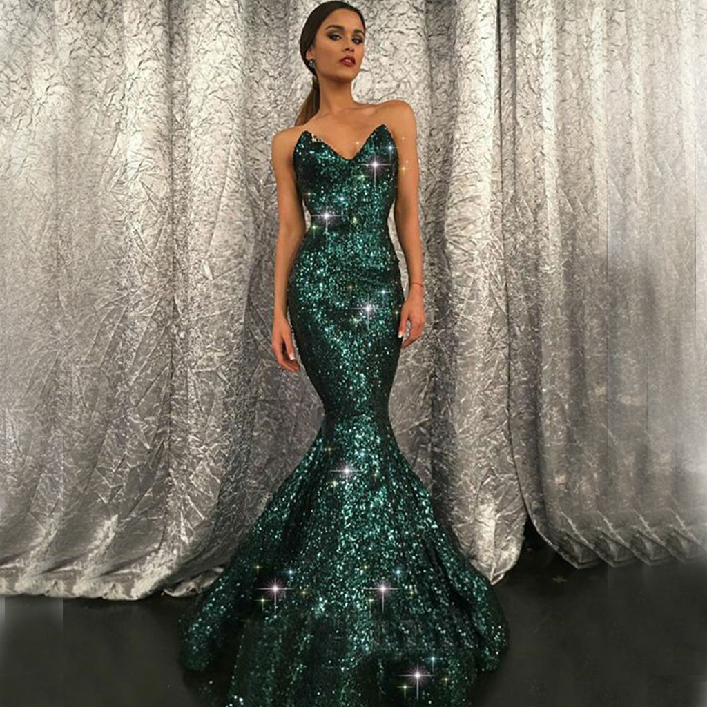 Sparkly Green Sequin Mermaid Backless Beaded Prom Dresses Fc1857