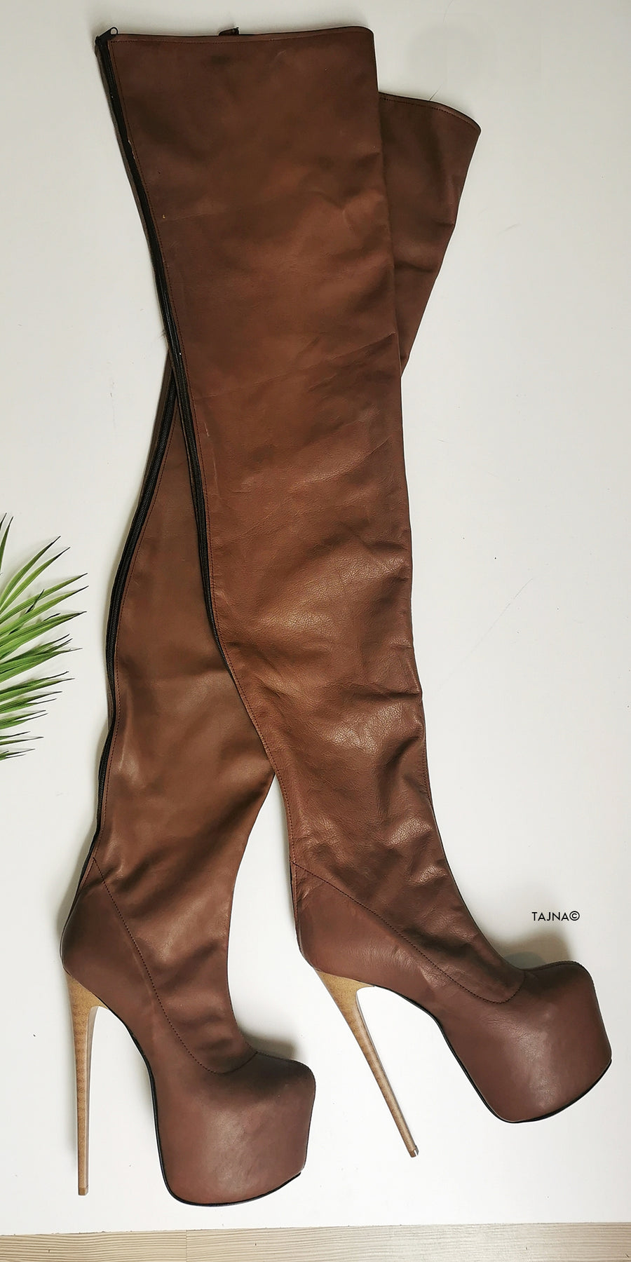 Thigh High Brown Genuine Leather Boots Tajna Club