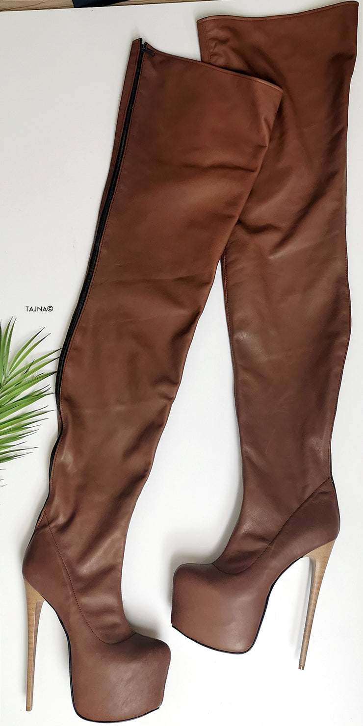 Thigh High Brown Genuine Leather Boots Tajna Club