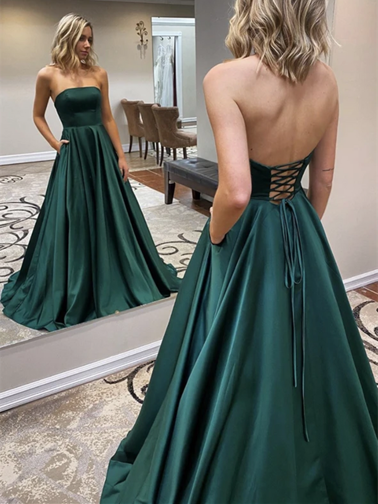 A Line Strapless Green Satin Long Prom Dresses Simple Green Formal Ev